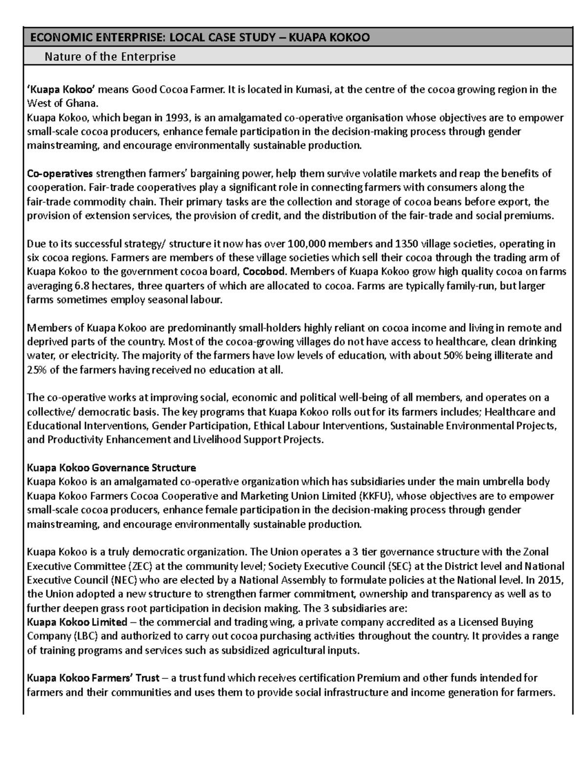 Chocolate enterprise booklet - ECONOMIC ENTERPRISE: LOCAL CASE STUDY ...
