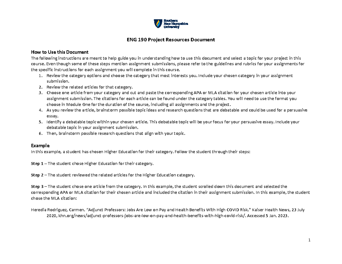 ENG 190 Project Resources Document - ENG 190 Project Resources Document How to Use this Document ...