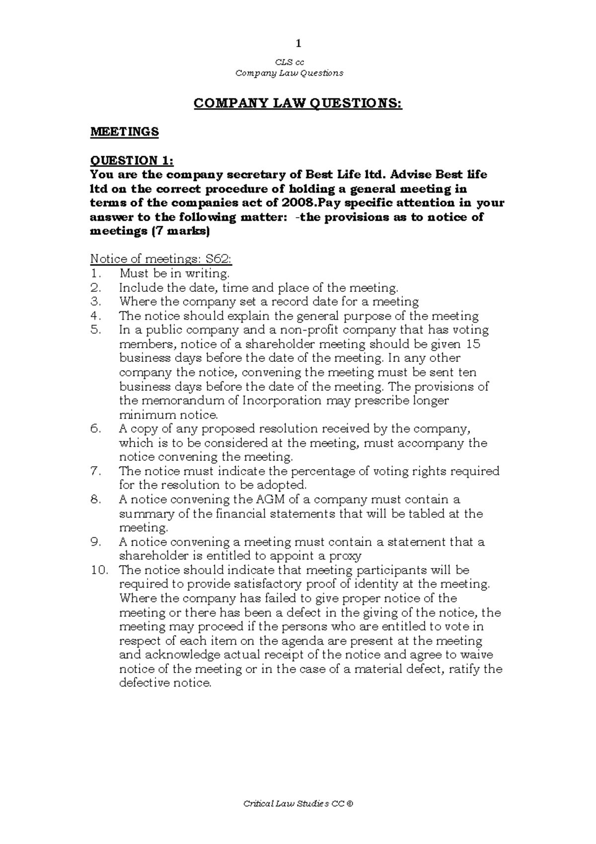 Company Law Questions - CLS cc Company Law Questions COMPANY LAW ...