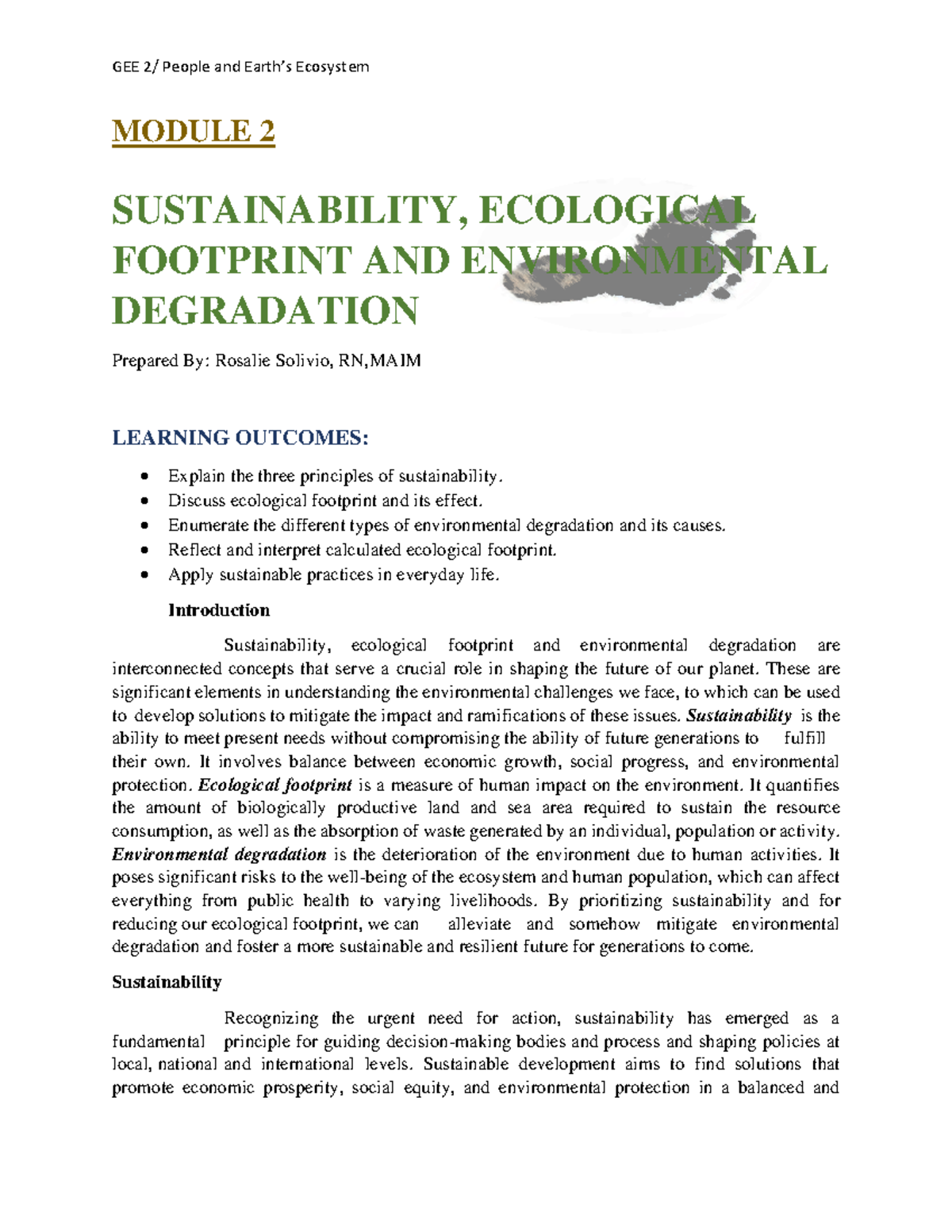 Module-2-Sustainability - MODULE 2 SUSTAINABILITY, ECOLOGICAL FOOTPRINT ...