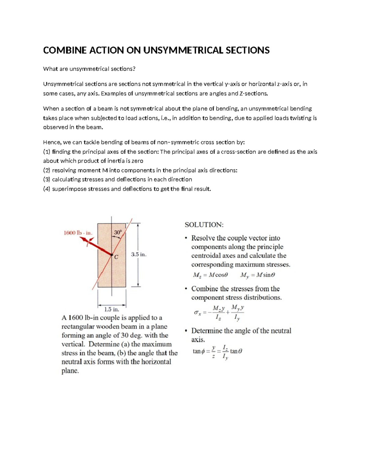 Unsymetrical Bending and Columns - COMBINE ACTION ON UNSYMMETRICAL ...