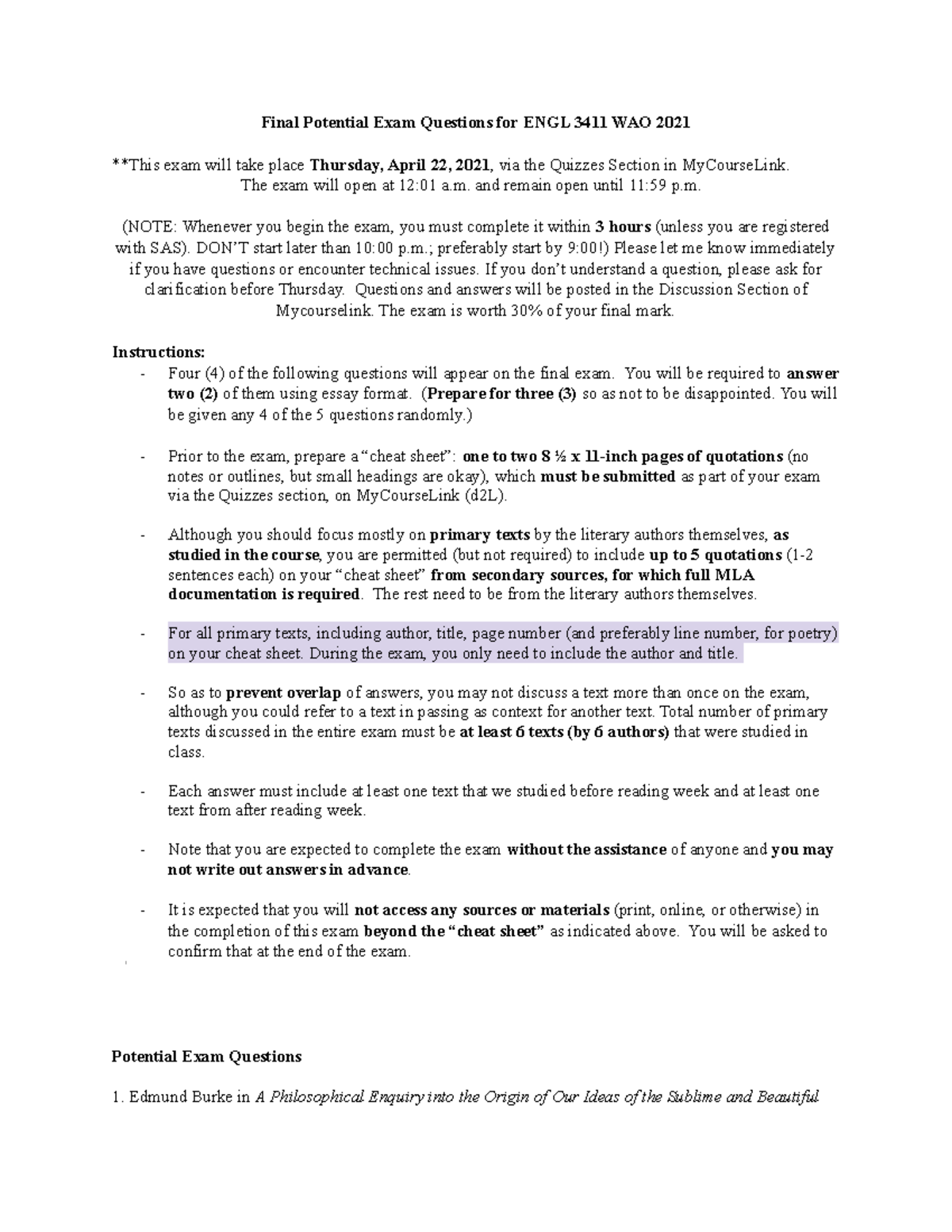 Final Potential Exam Questions for ENGL 3411 WAO 2021 - The exam will ...