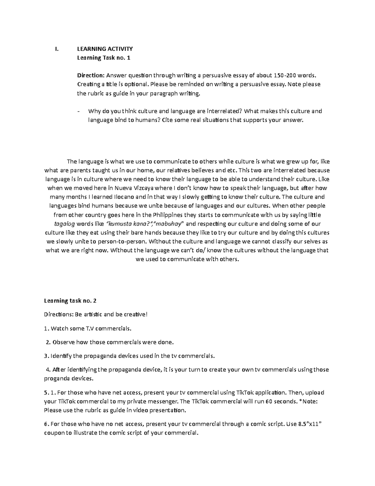 Chapter 5 - Culture and language - I. LEARNING ACTIVITY Learning Task ...