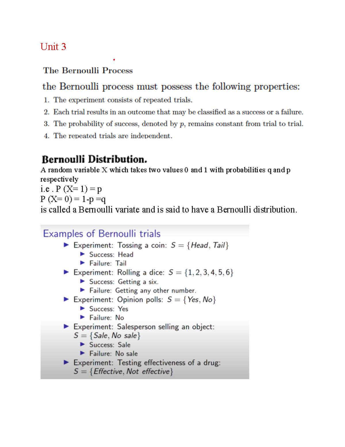 Unit 3 i Binomial distribution - Unit 3 A random variable X which takes ...