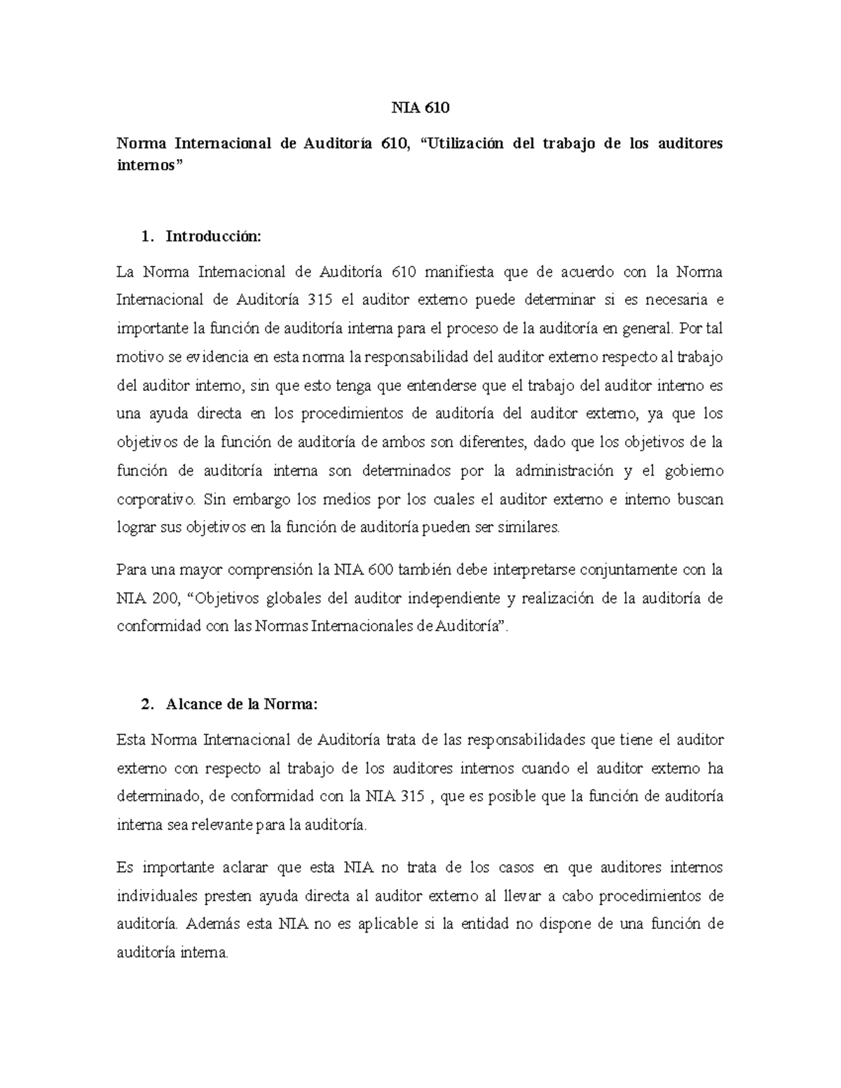 NIA 610 - RESUMEN DE LA NIA 610 - NIA 610 Norma Internacional de ...