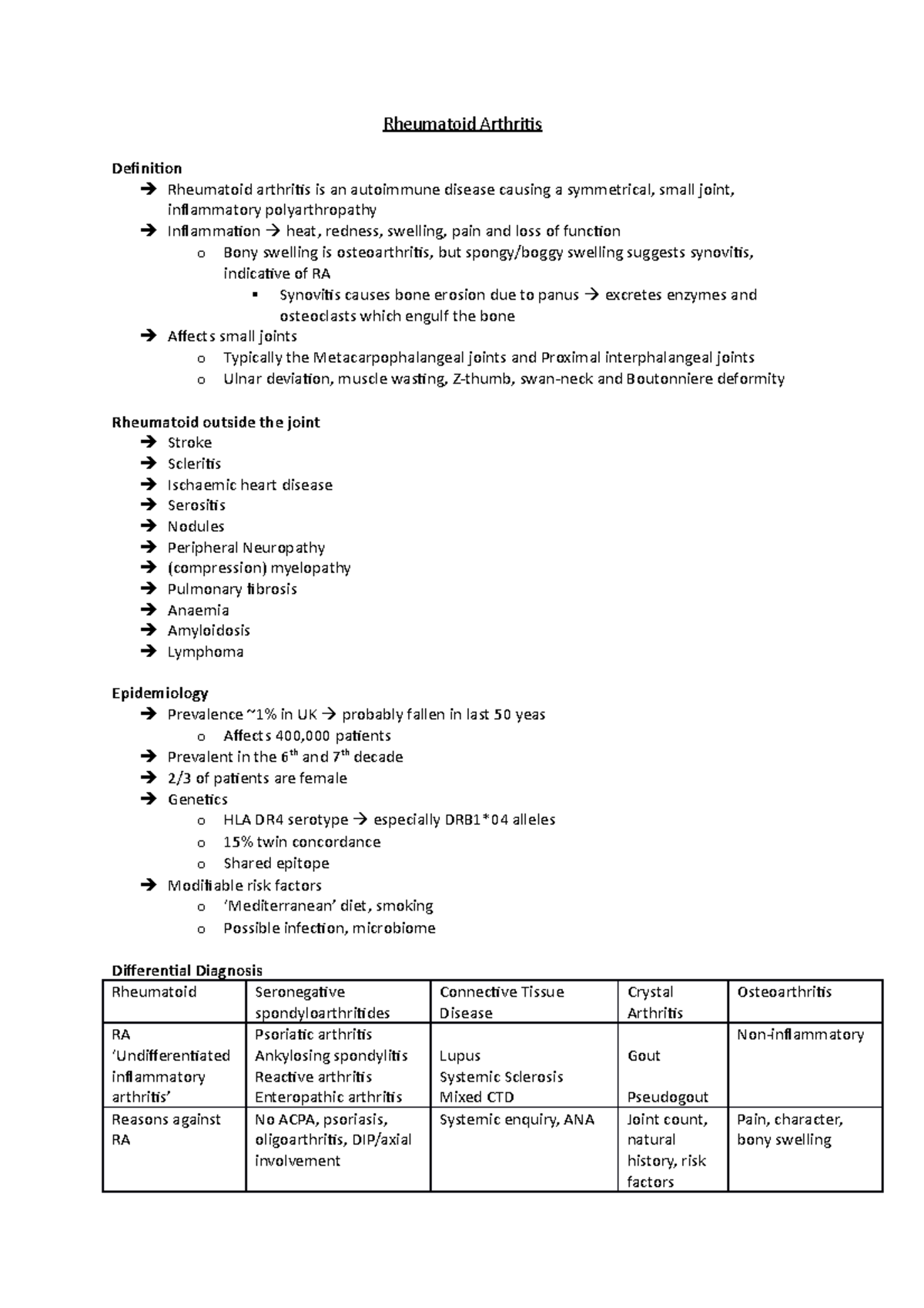 Rheumatoid Arthritis - Lecture notes week 11 - ortho / rheumatology ...