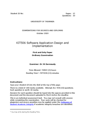 Assessment rubric for Assignment 1 - OO Design Document - KIT206/506 Assignment 1 - OO Design ...