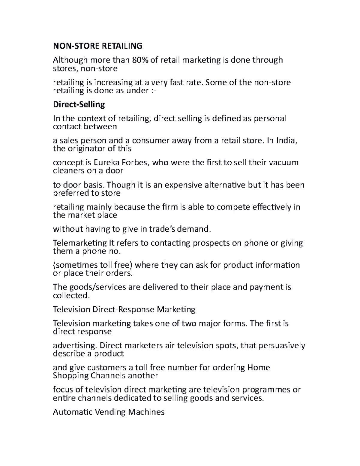 NON- Store Retailing and Retailer Marketing Decision notes - NON-STORE ...