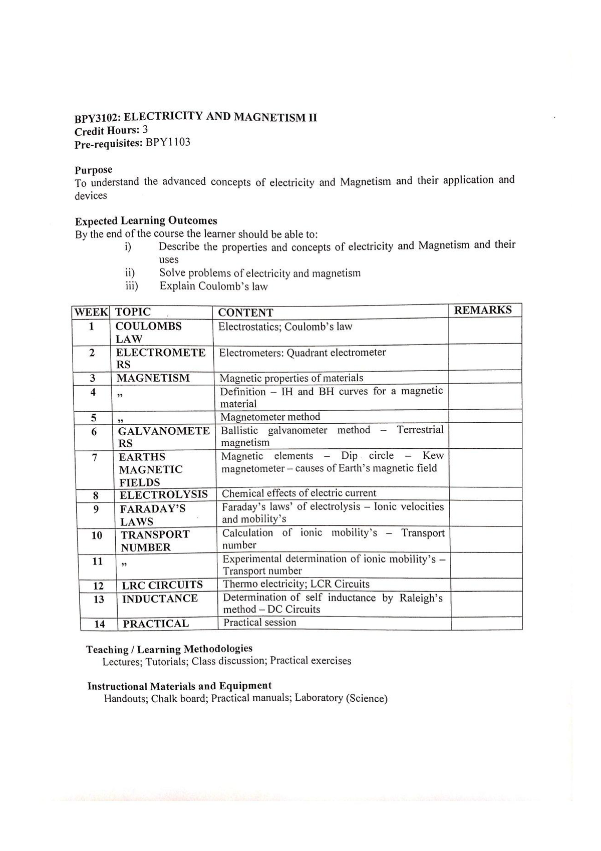 Thermal Physics 1 - BPY3102: ELECTRICITY AND MAGNETISM II Credit Hours ...