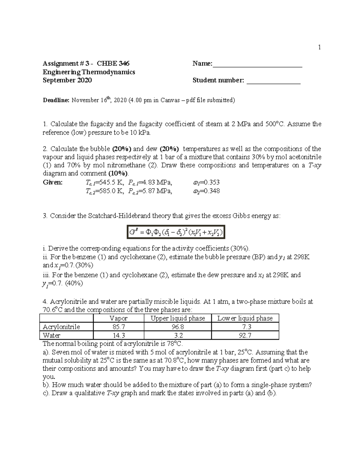2020 Assignment 03 CHBE-346 - 1 Assignment # 3 - CHBE 346 Name ...