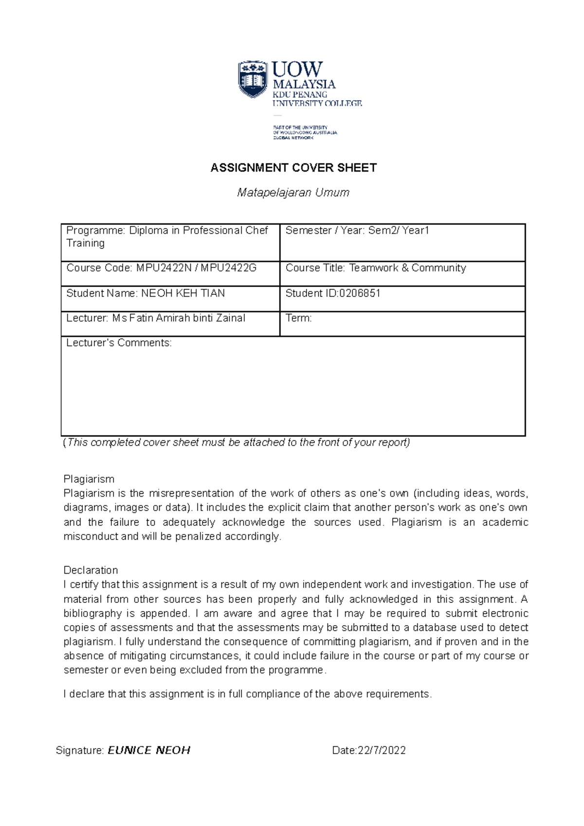 Reflection Report 2 Template - ASSIGNMENT COVER SHEET Matapelajaran ...