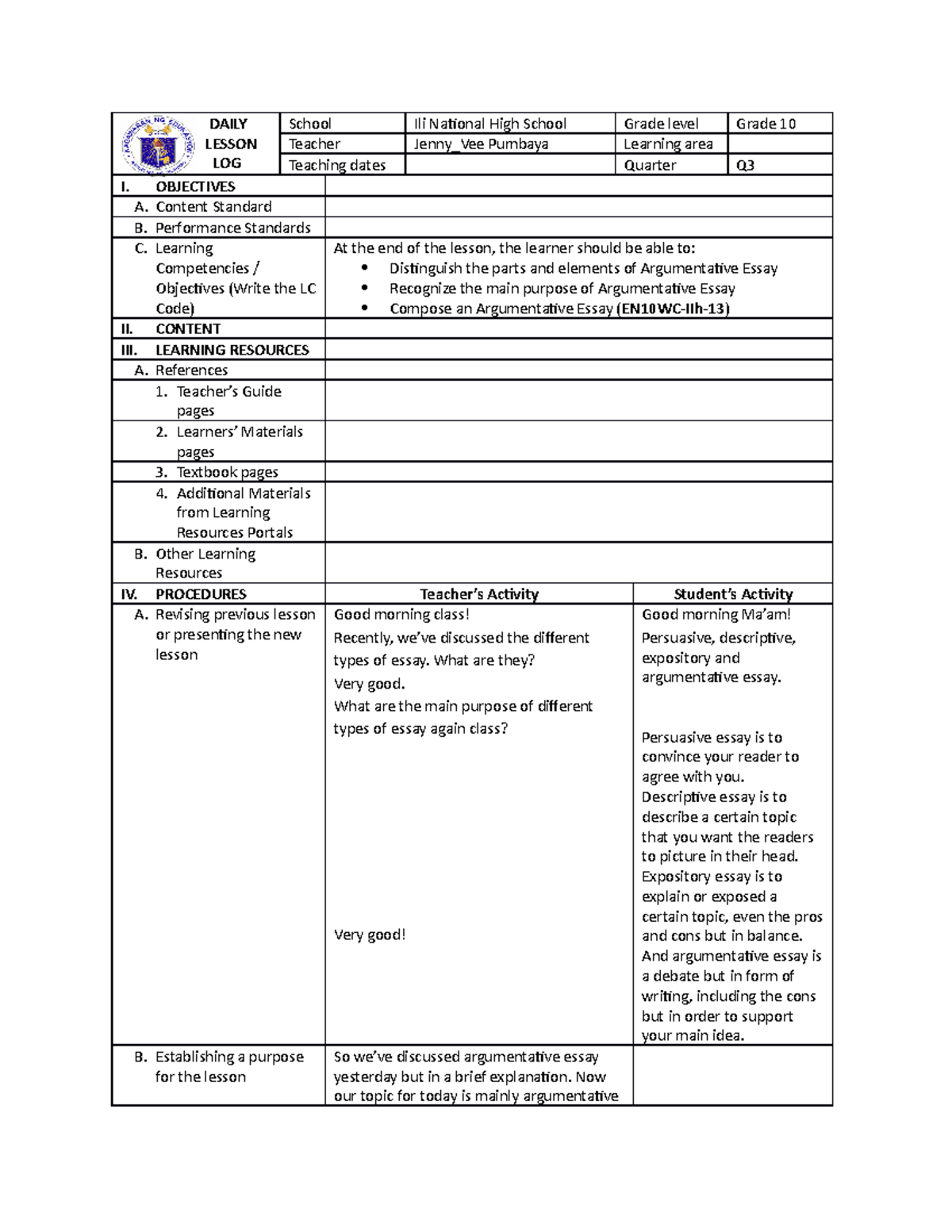 Revision of DLL AE 084132 - DAILY LESSON LOG School Ili National High ...