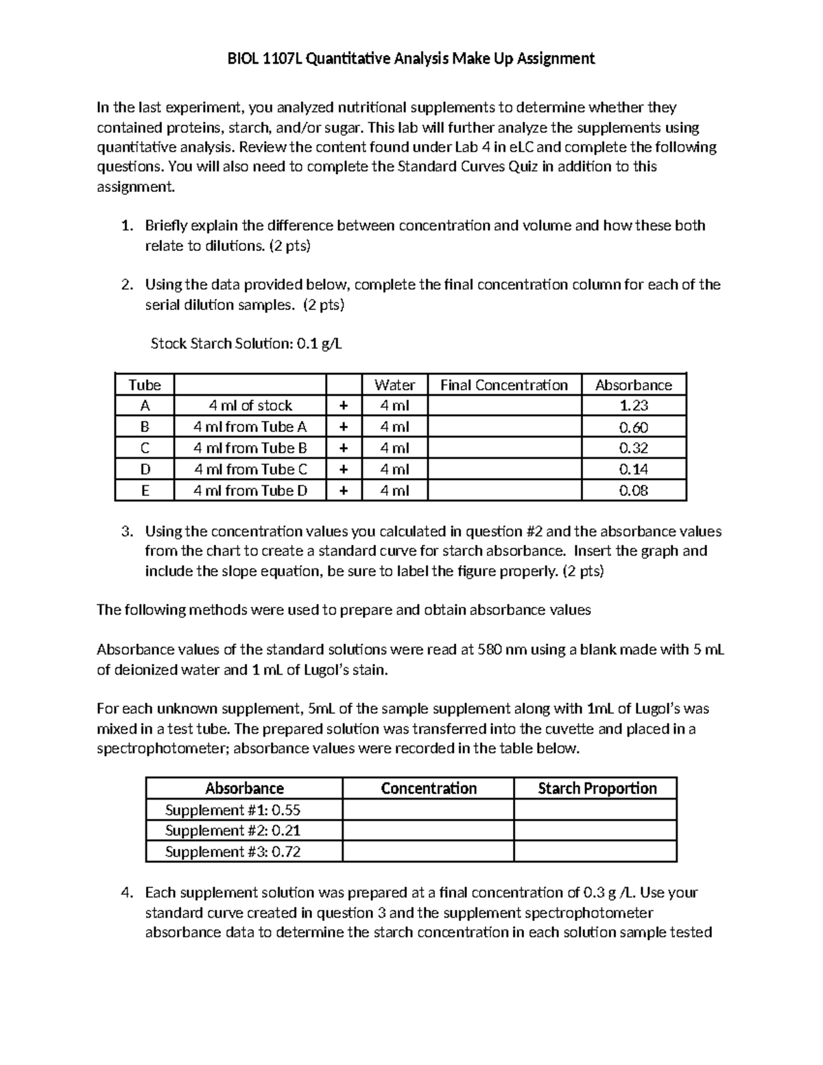 Starch Quantitative Makeup Assignment - BIOL 1107L Quantitative ...
