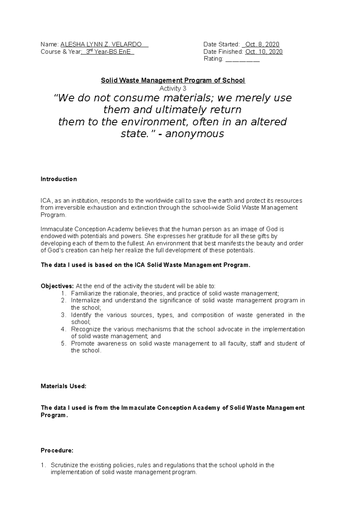 Lab 3 - Solid Waste Management - Name: ALESHA LYNN Z. VELARDO Date ...