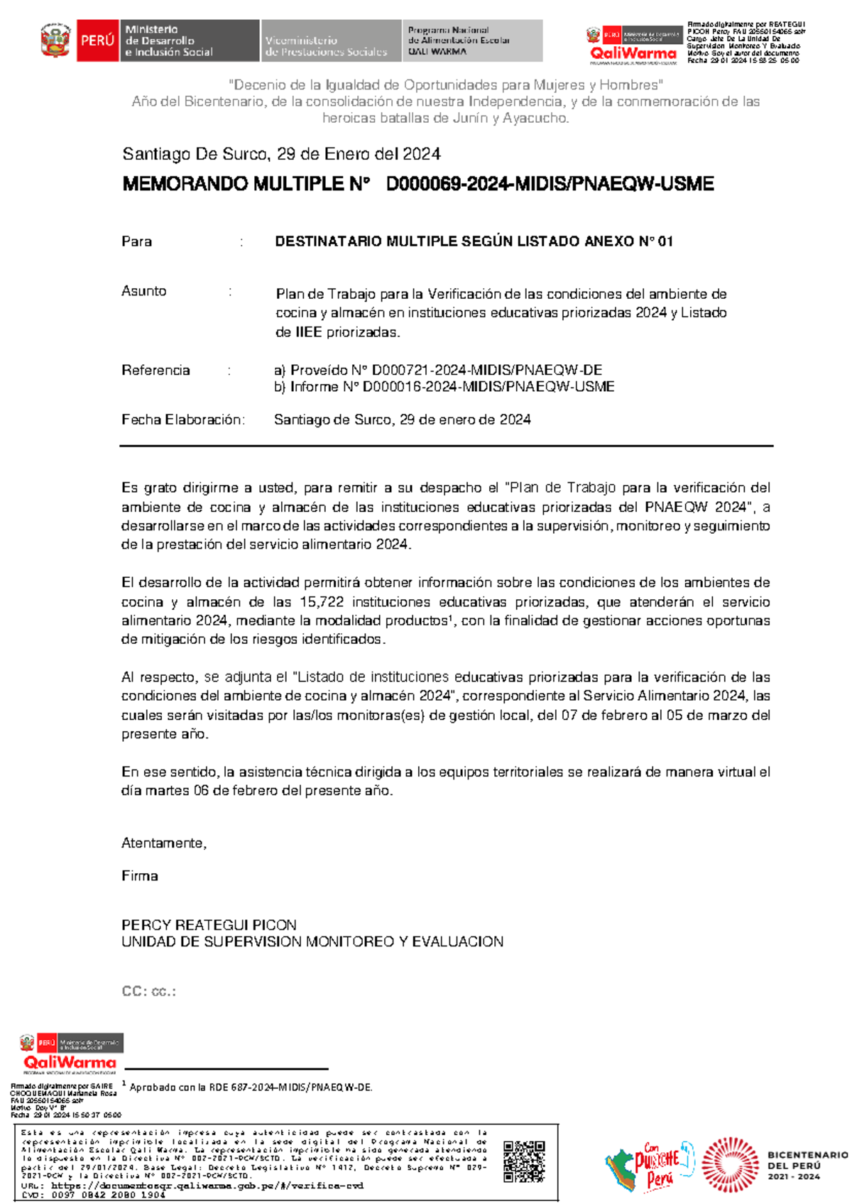 Memorando Multiple-000069-2024-USME-Plan de Trabajo para la Verificación de las condiciones del ...