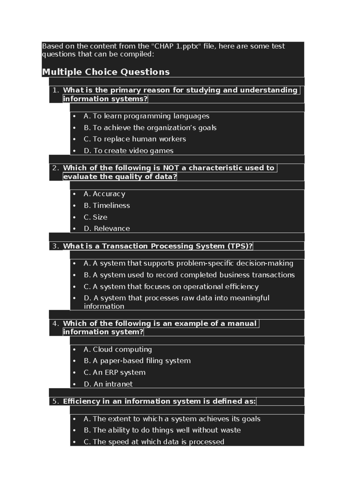 Practice questions ILS 1A - Based on the content from the "CHAP 1" file ...
