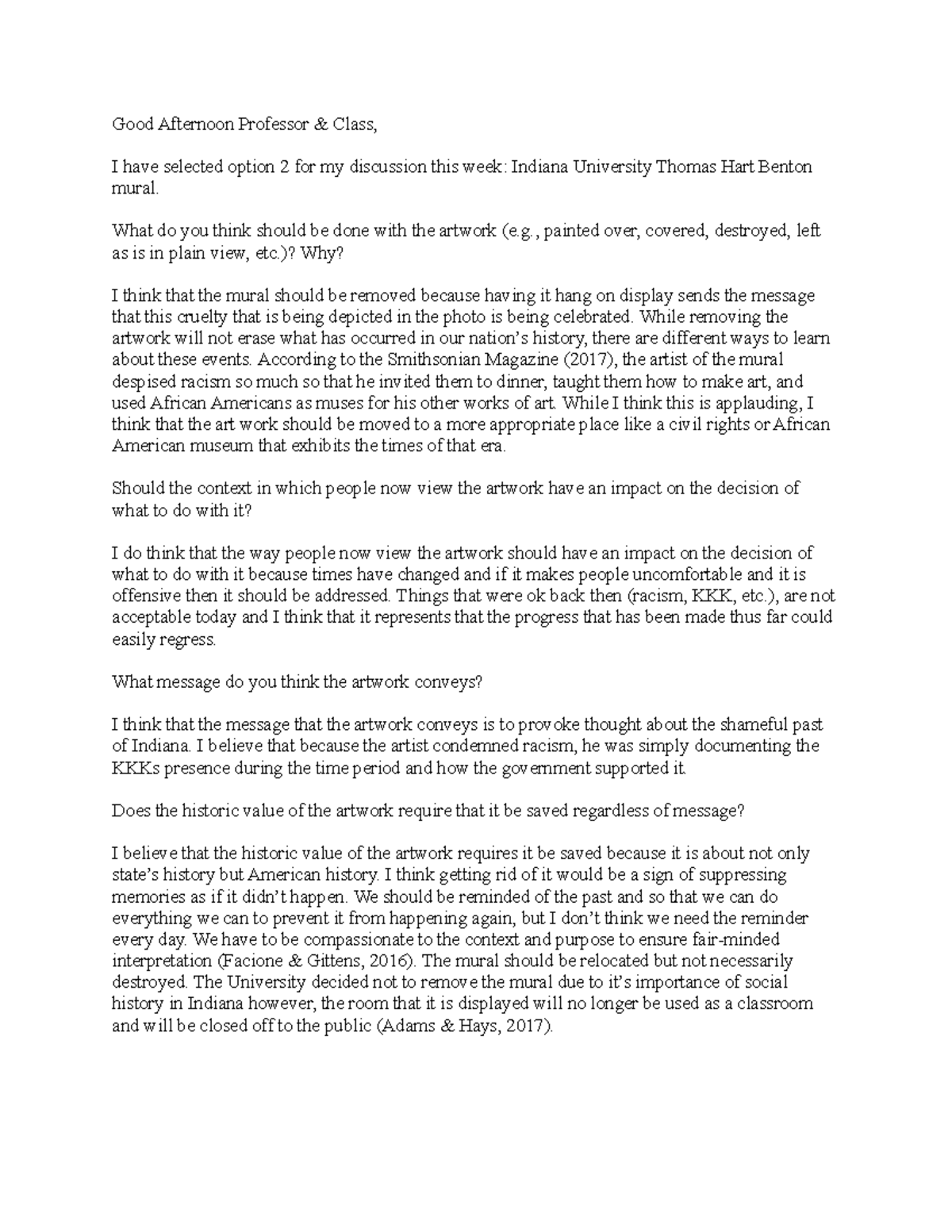 Discussion Post 2 - Good Afternoon Professor & Class, I have selected ...