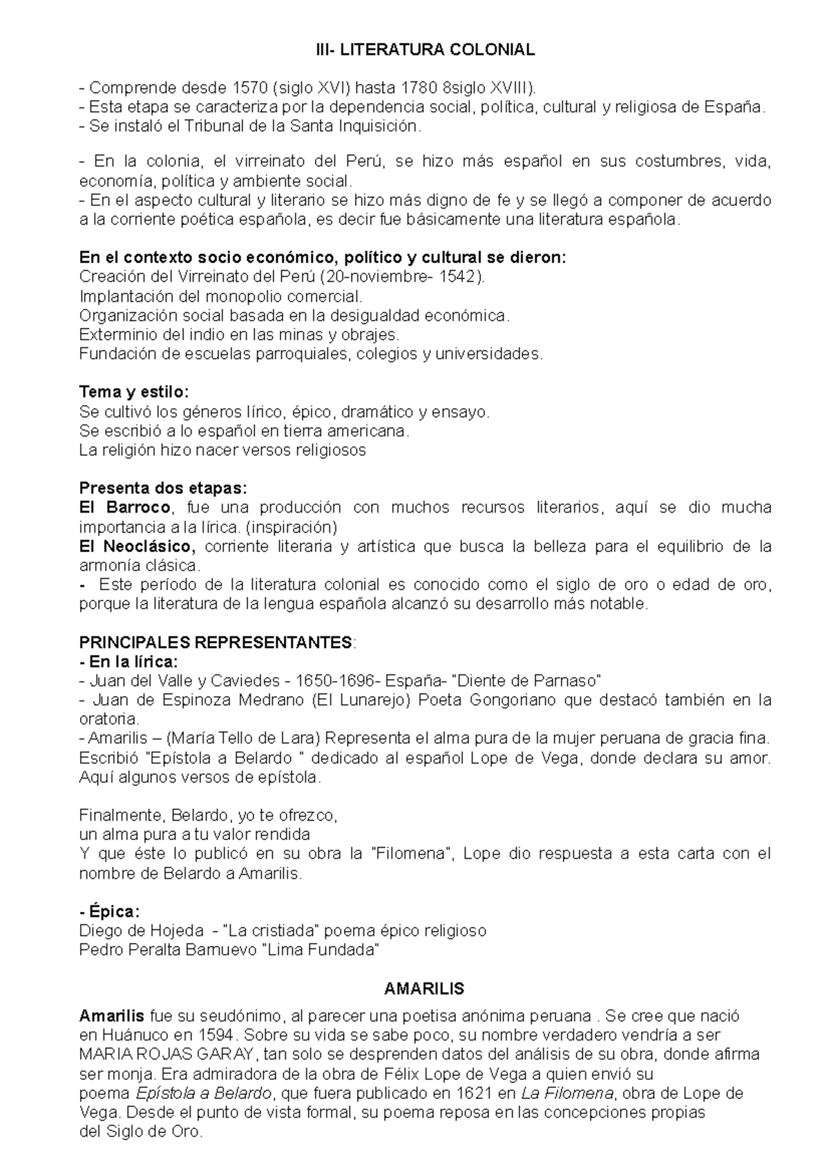 III. Literatura Colonial - III- LITERATURA COLONIAL Comprende desde ...