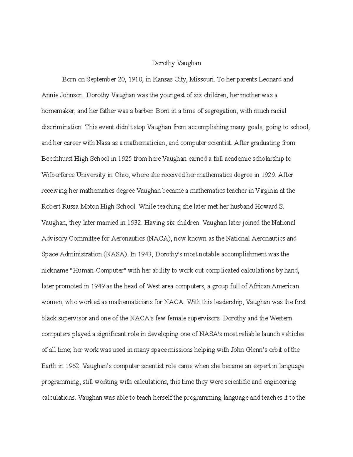 Dorothy Vaughan- Biography - Dorothy Vaughan Born on September 20, 1910 ...