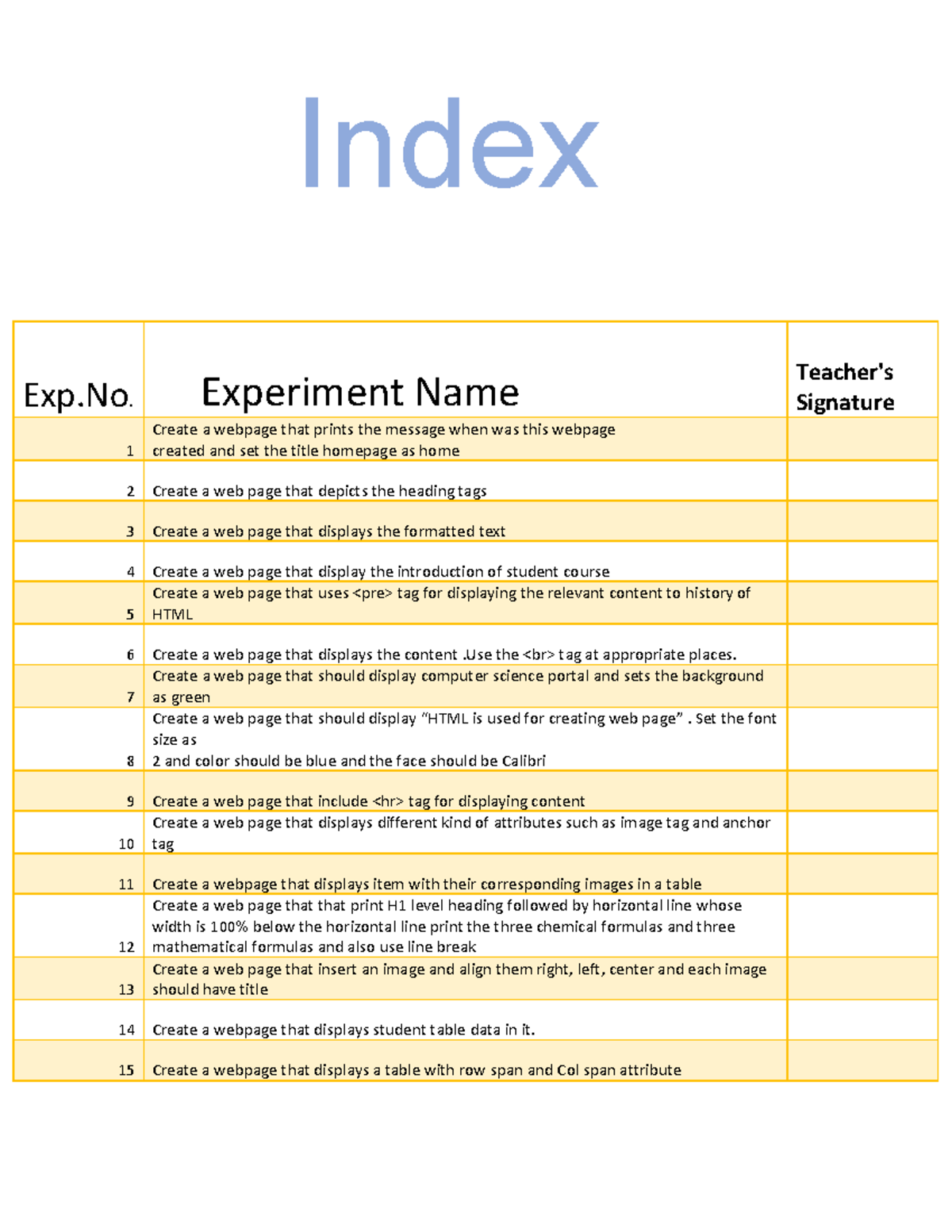 Index - Index Exp. Experiment Name Teacher's Signature 1 Create a webpage that prints the ...