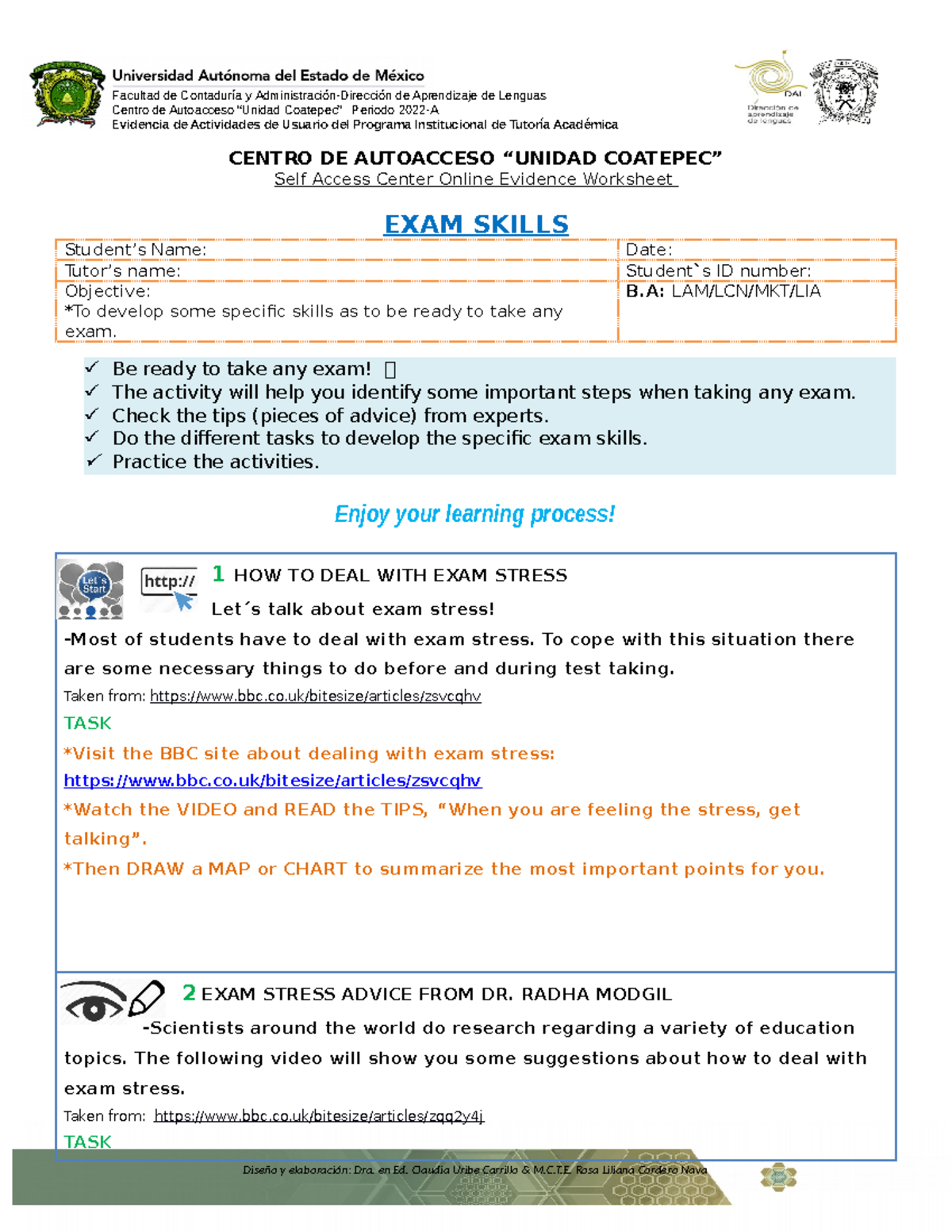 EXAM Skills Worksheet Online Evidence 2022-A - Evidencia de Actividades ...