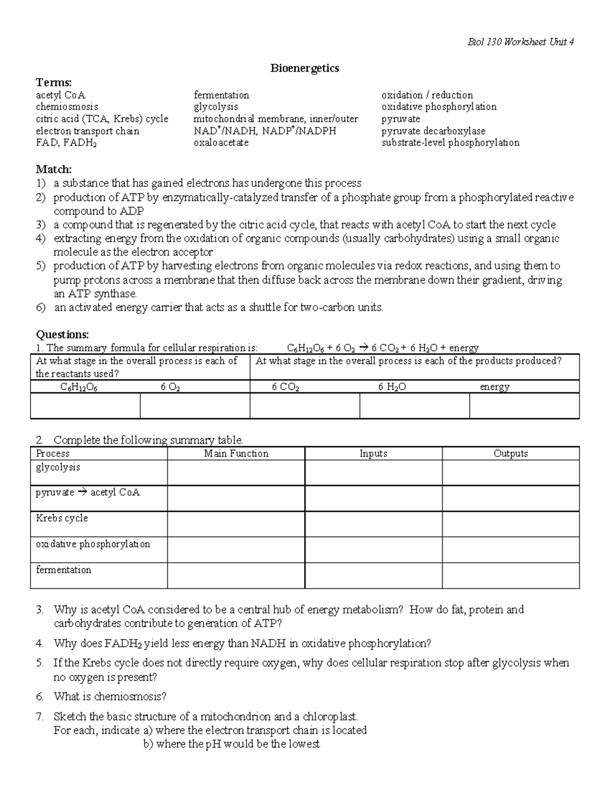 Worksheet Unit 4 - Bioenergetics f2014 - Biol 130 Worksheet Unit 4 ...