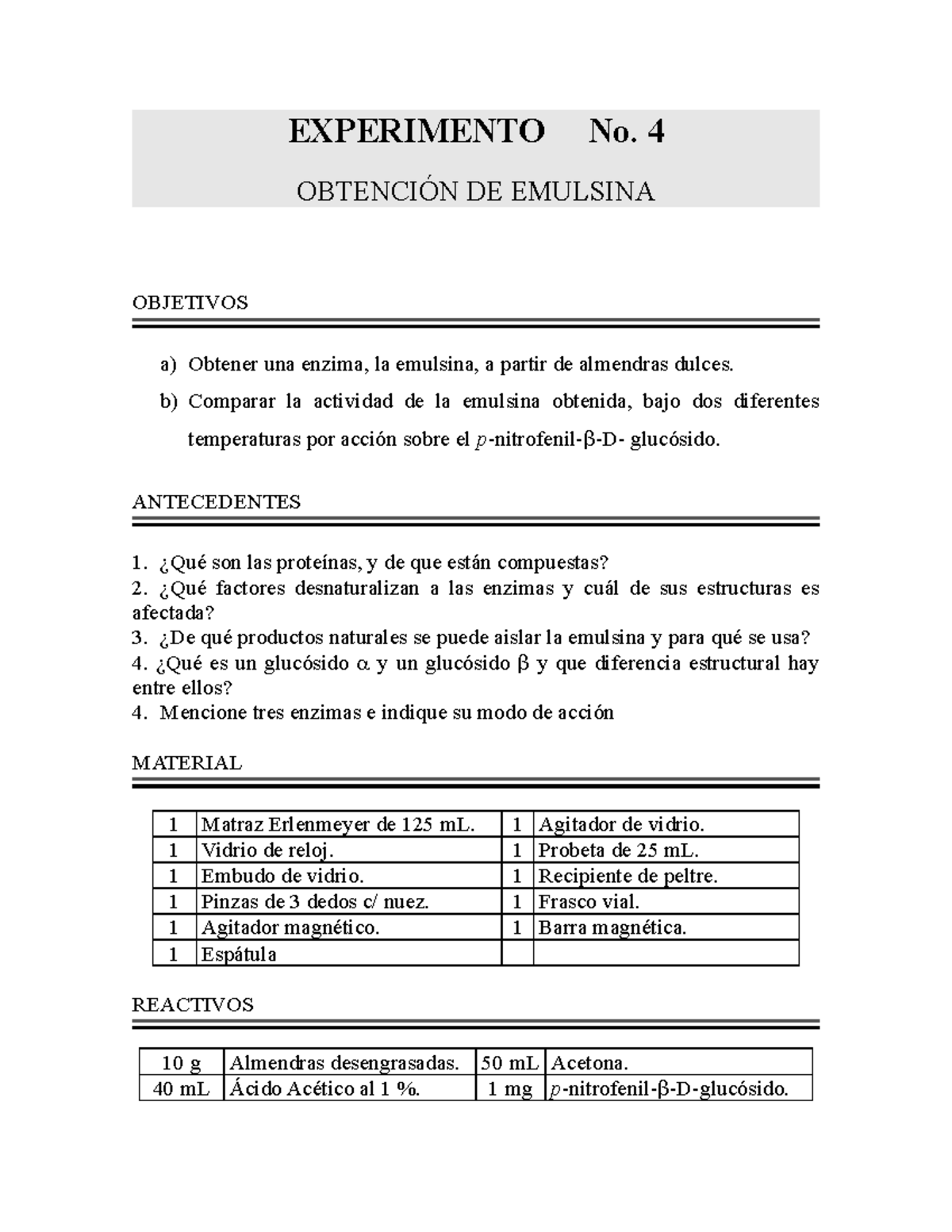 almendras 123456789 - EXPERIMENTO No. 4 OBTENCIÓN DE EMULSINA OBJETIVOS ...