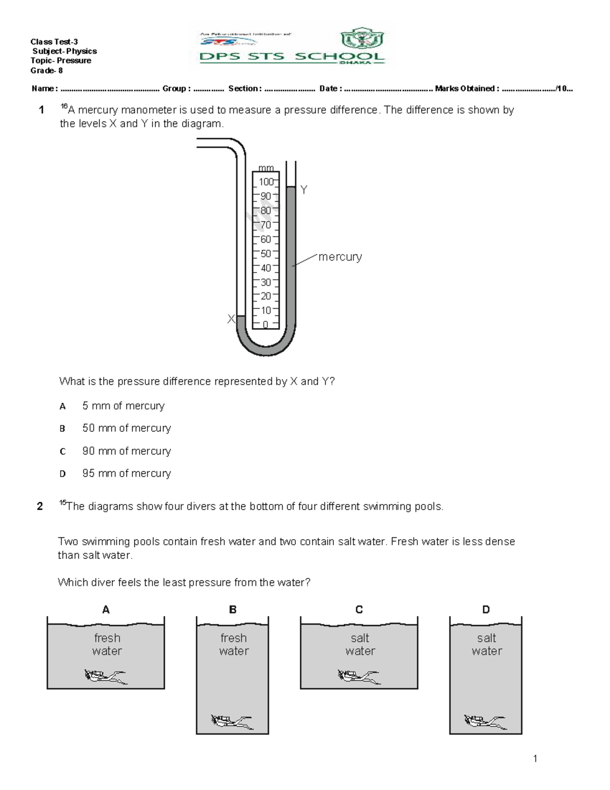 Pressure test - 2 15 The diagrams show four divers at the bottom of ...