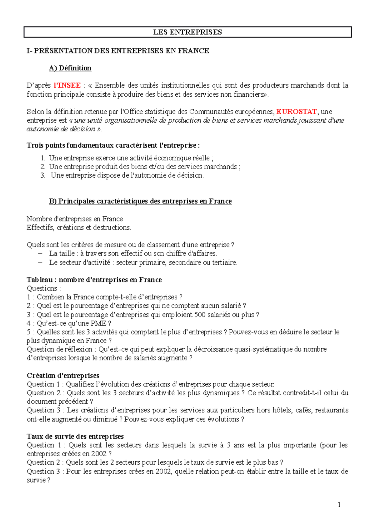 Les entreprises cours - LES ENTREPRISES I- PRÉSENTATION DES ENTREPRISES ...