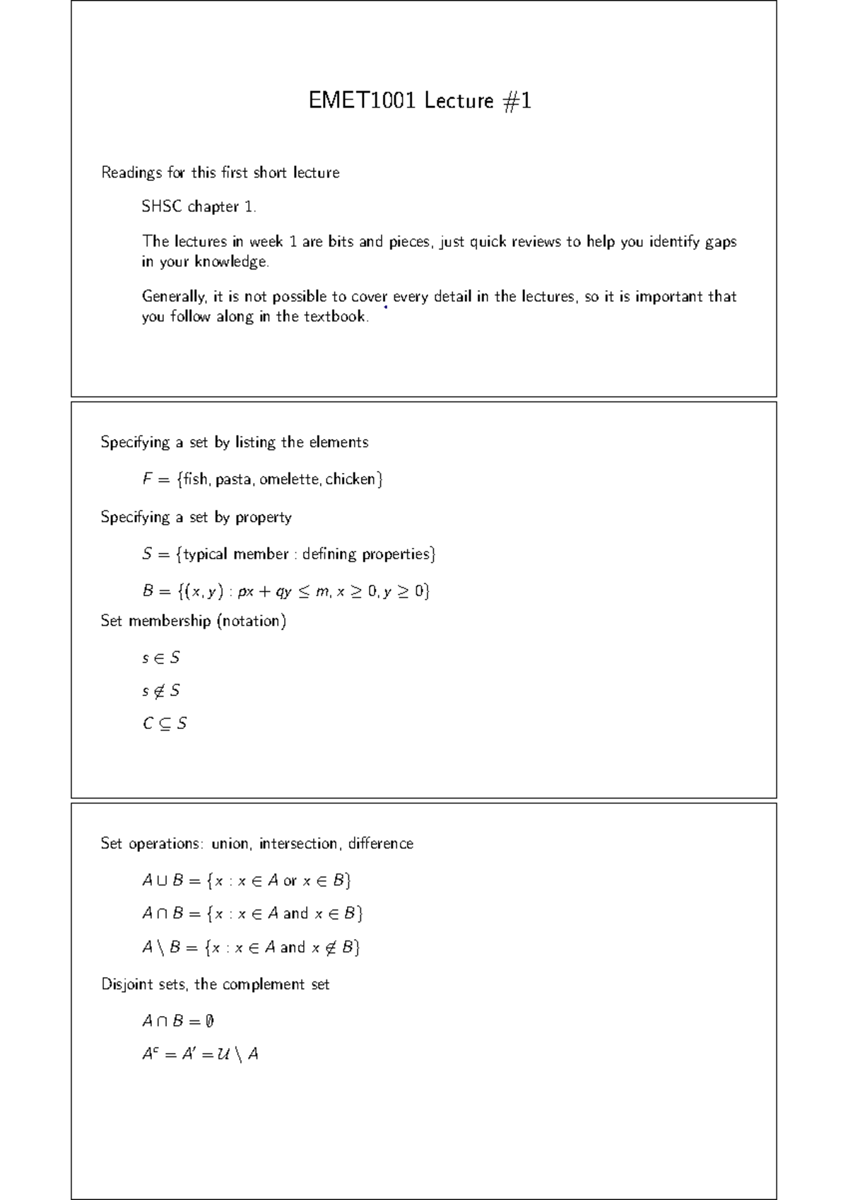 Lecture Notes 1 - EMET1001 Lecture Readings for this first short ...
