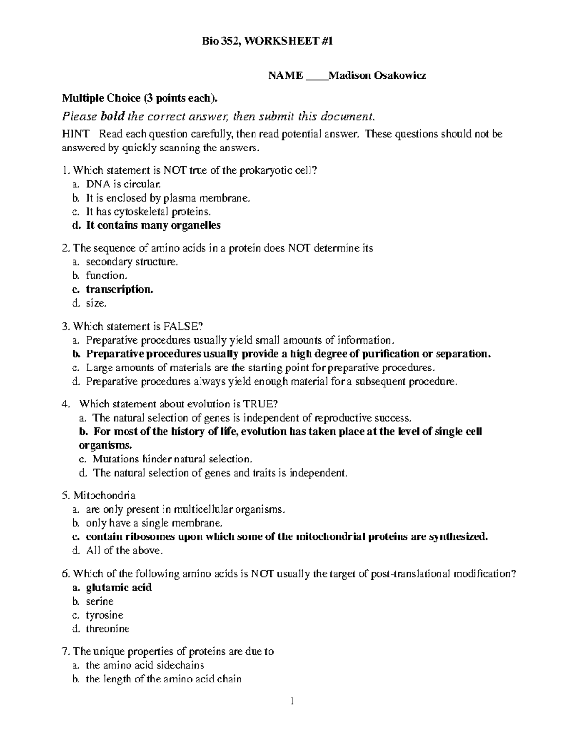 Cell bio worksheet MC - NAME ____Madison Osakowicz Multiple Choice (3 ...