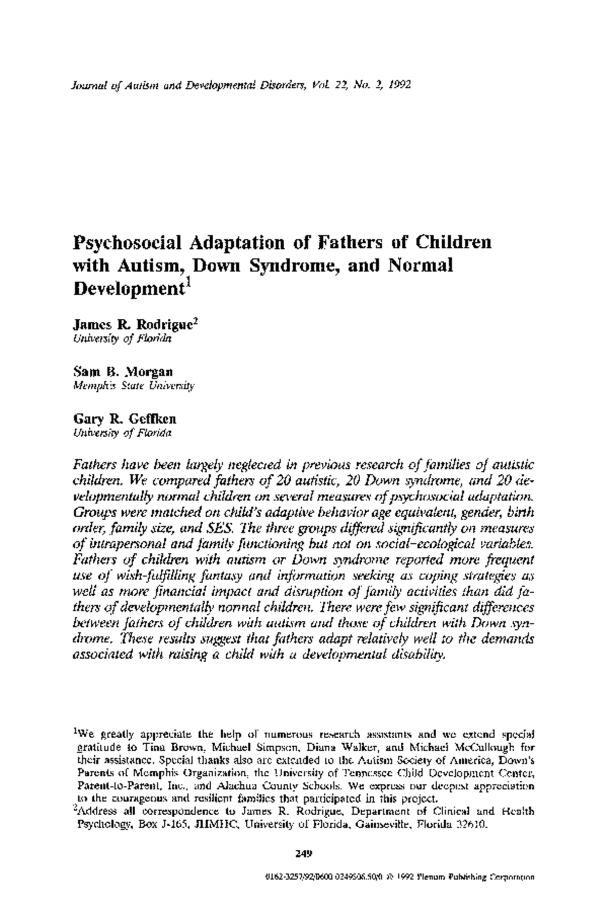 Psychosocial adaptation of fathers of ch - Journal of Autism and ...
