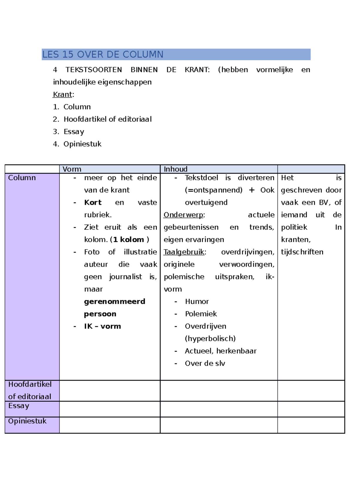 Nederlands sem 2 - LES 15 OVER DE COLUMN 4 TEKSTSOORTEN BINNEN DE KRANT ...