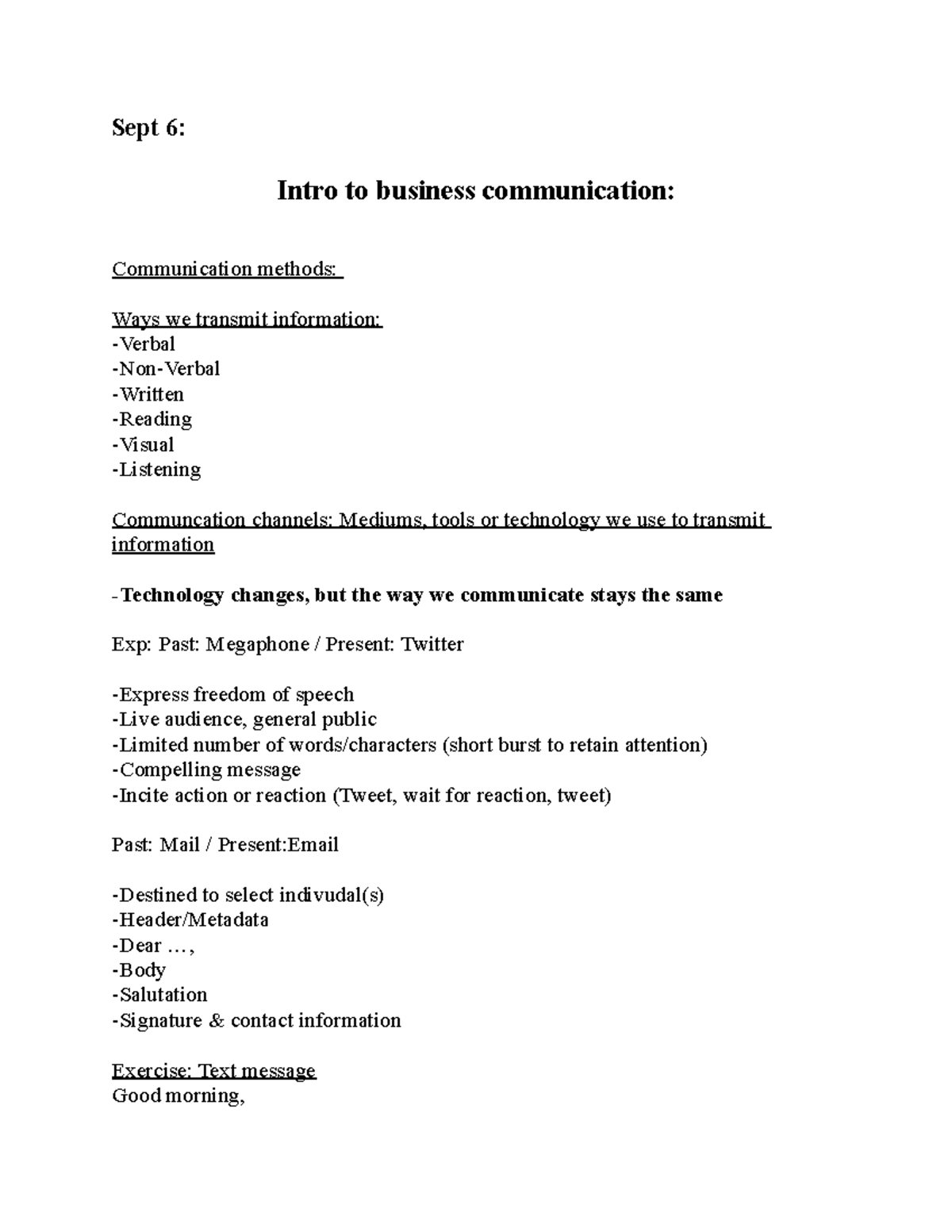 Notes 6 Sept - Sept 6: Intro to business communication: Communication ...
