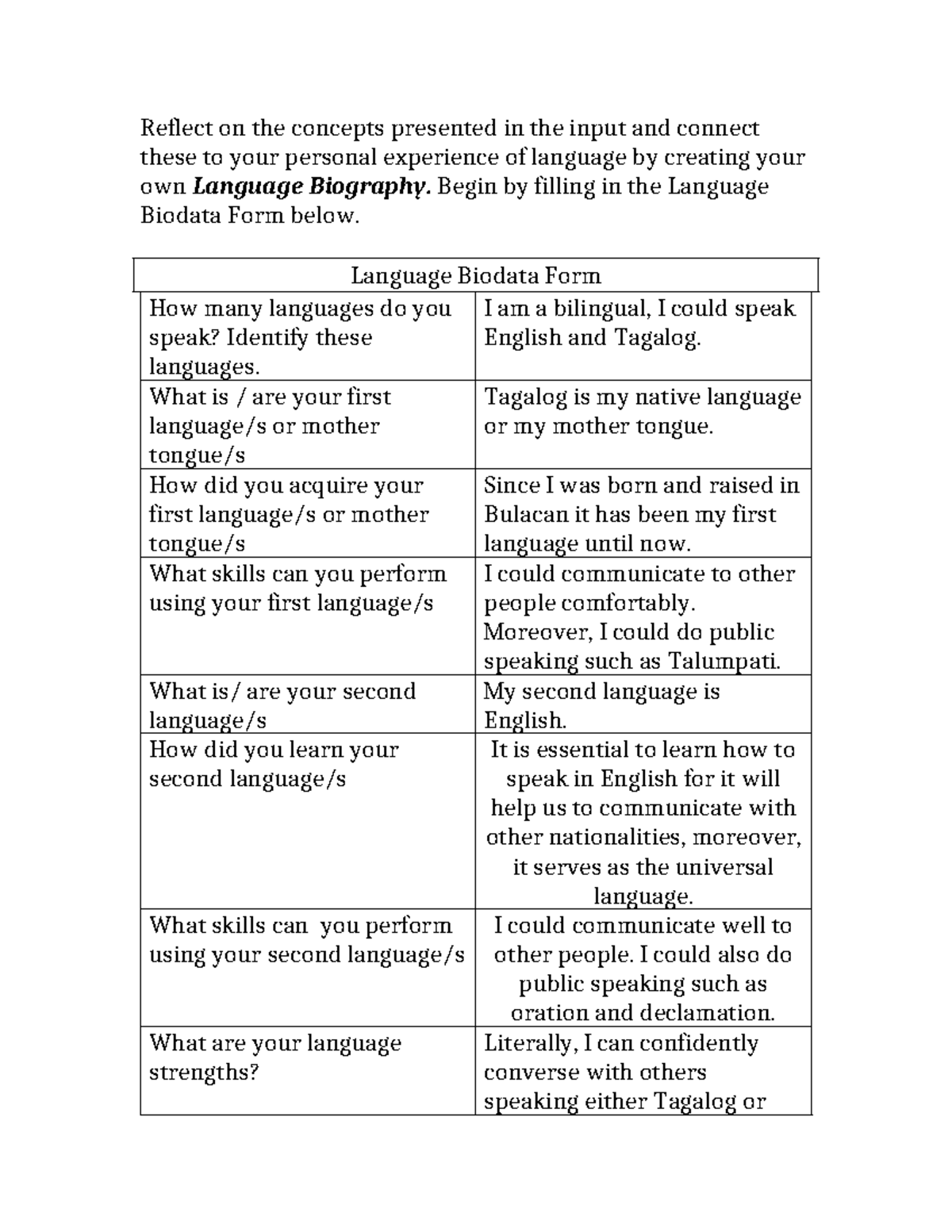 Language Biography (PC Assignment) - Reflect on the concepts presented ...