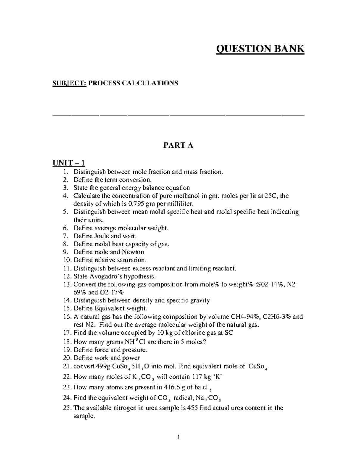 Process Calculations 2 - QUESTION BANK SUBJECT: PROCESS CALCULATIONS ...