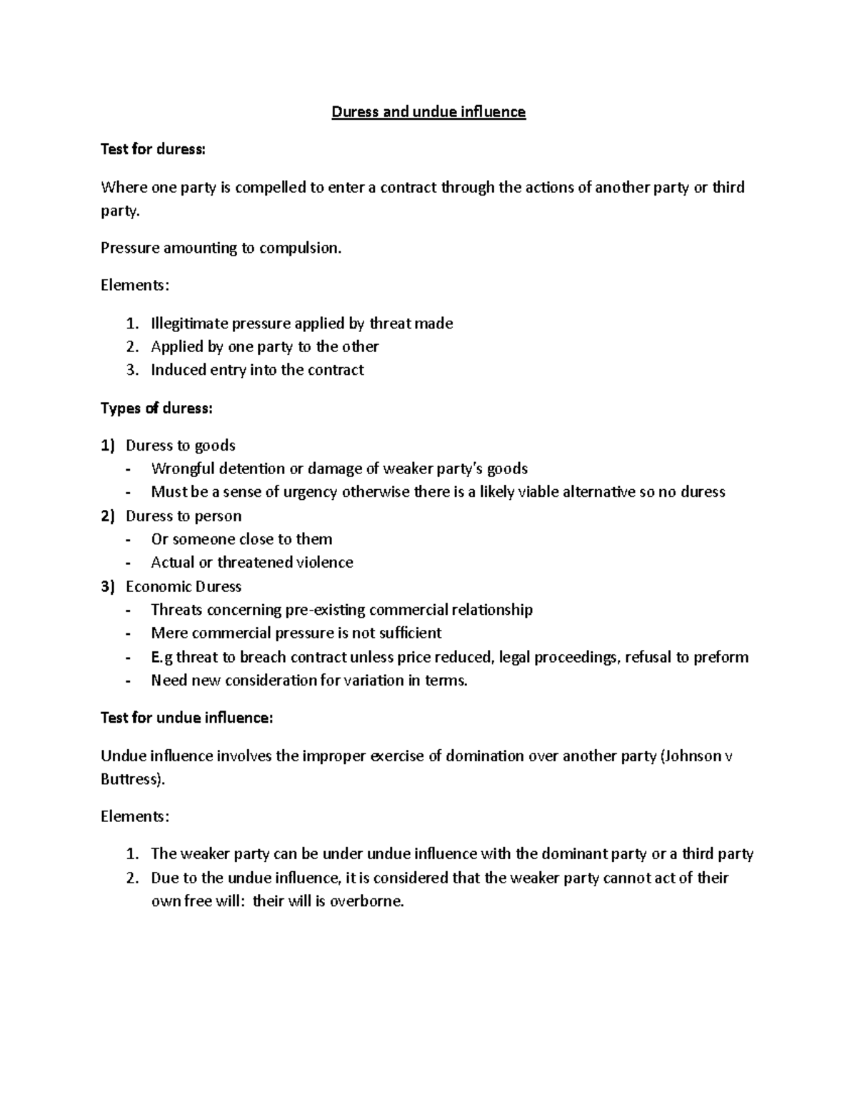 Duress - Notes - Duress and undue inluence Test for duress: Where one ...