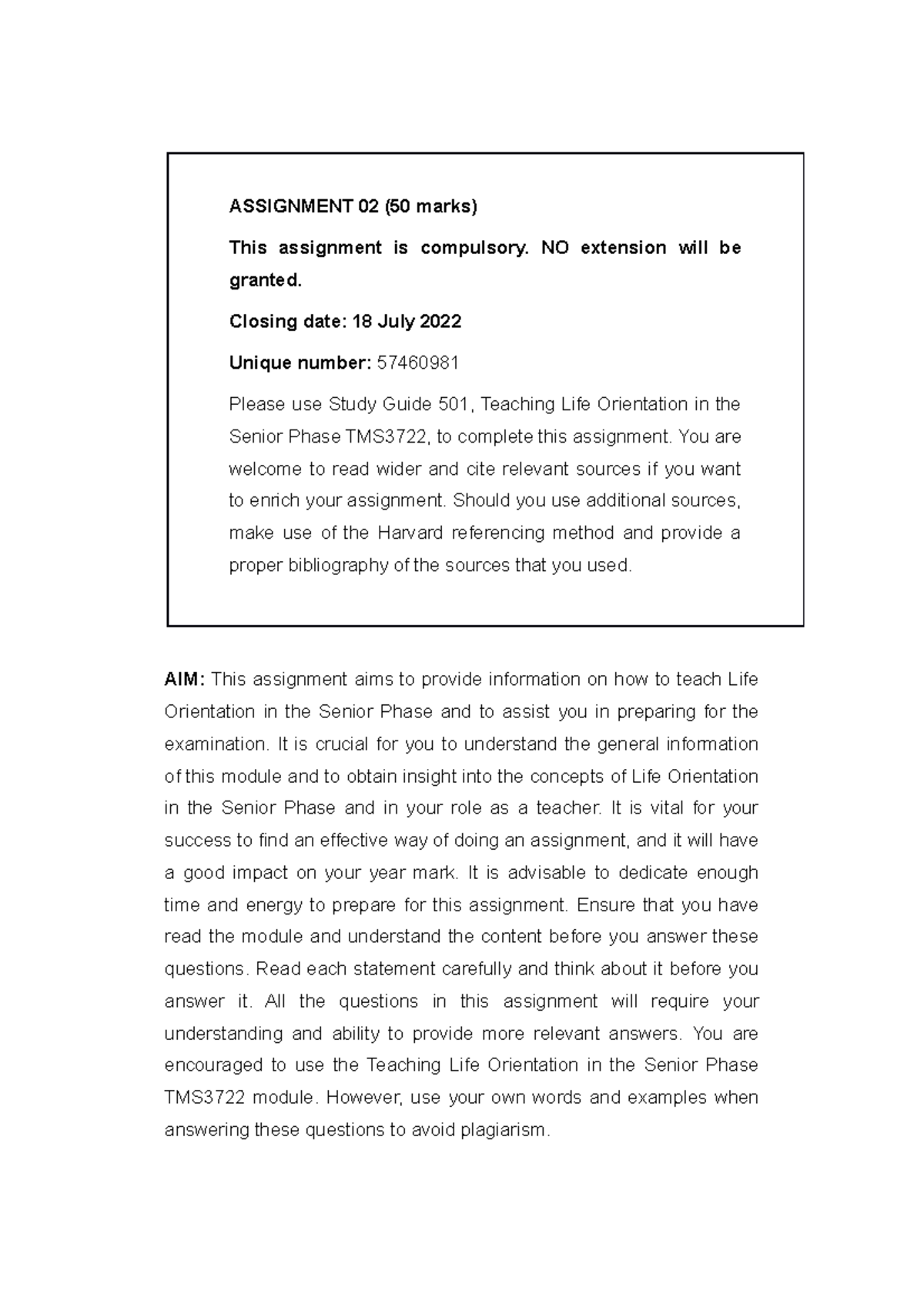 Assignment no 2 TMS - ASSIGNMENT 02 (50 marks) This assignment is compulsory. NO extension will ...