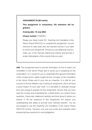 TMS3722 Assignment 2 Questions - ASSIGNMENT 02 (50 marks) This assignment is compulsory. NO ...