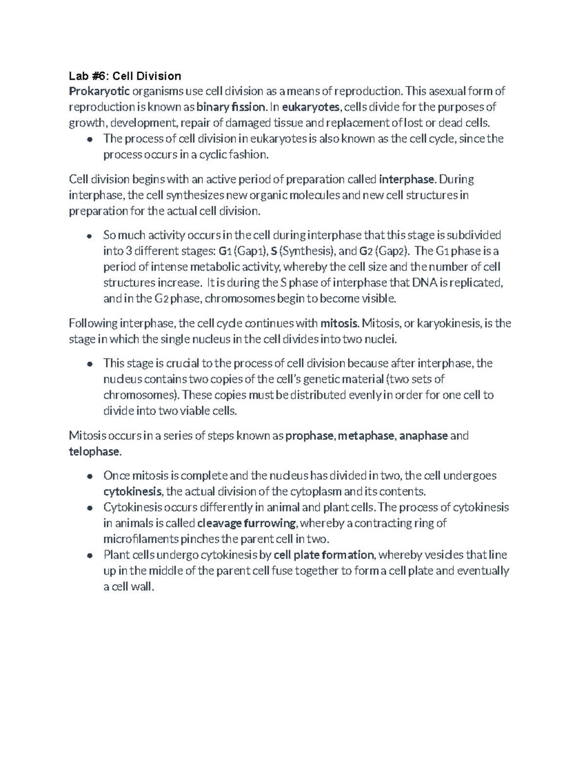 Lab #6 Cell Division - notes from lab 6 - Lab #6: Cell Division ...