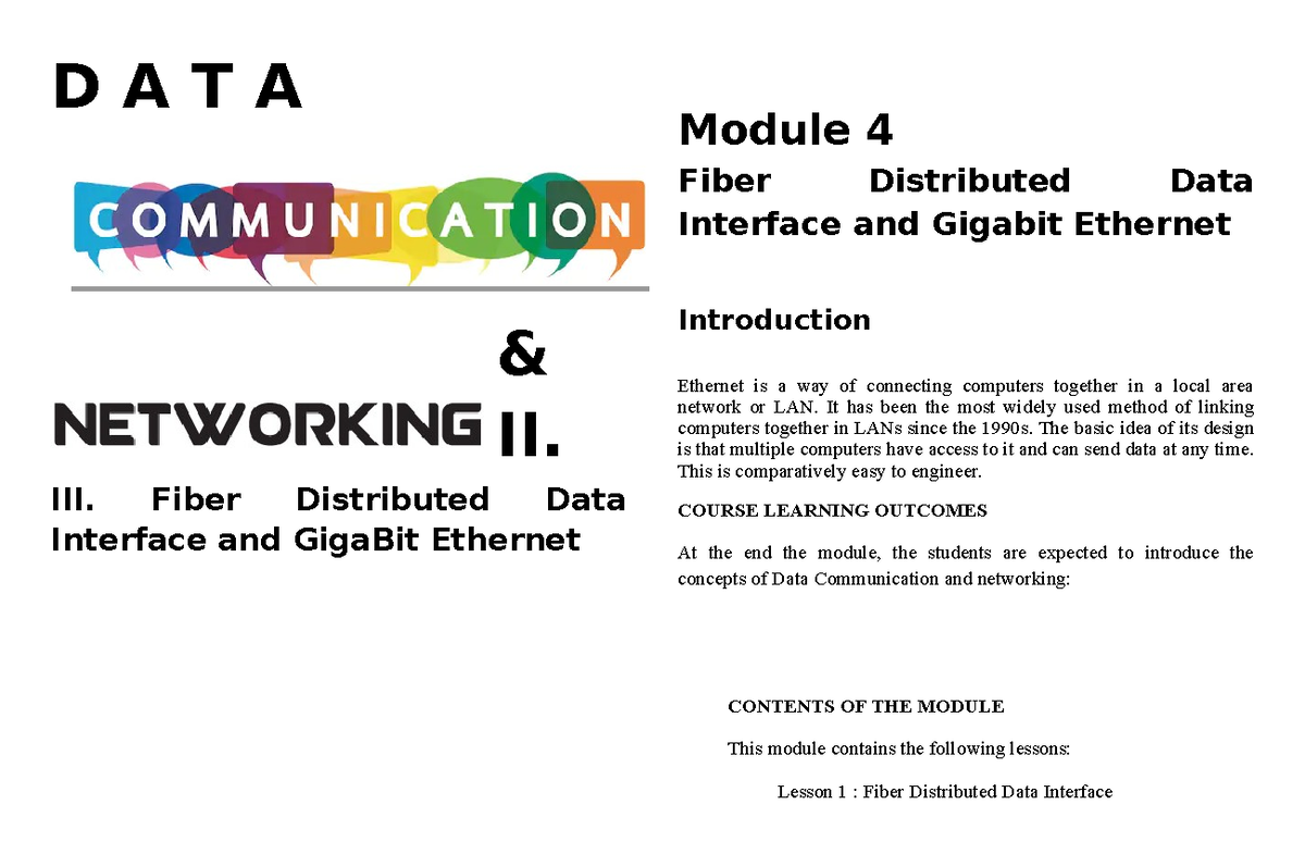 Data Communication Module 4 - D A T A & II. III. Fiber Distributed Data ...