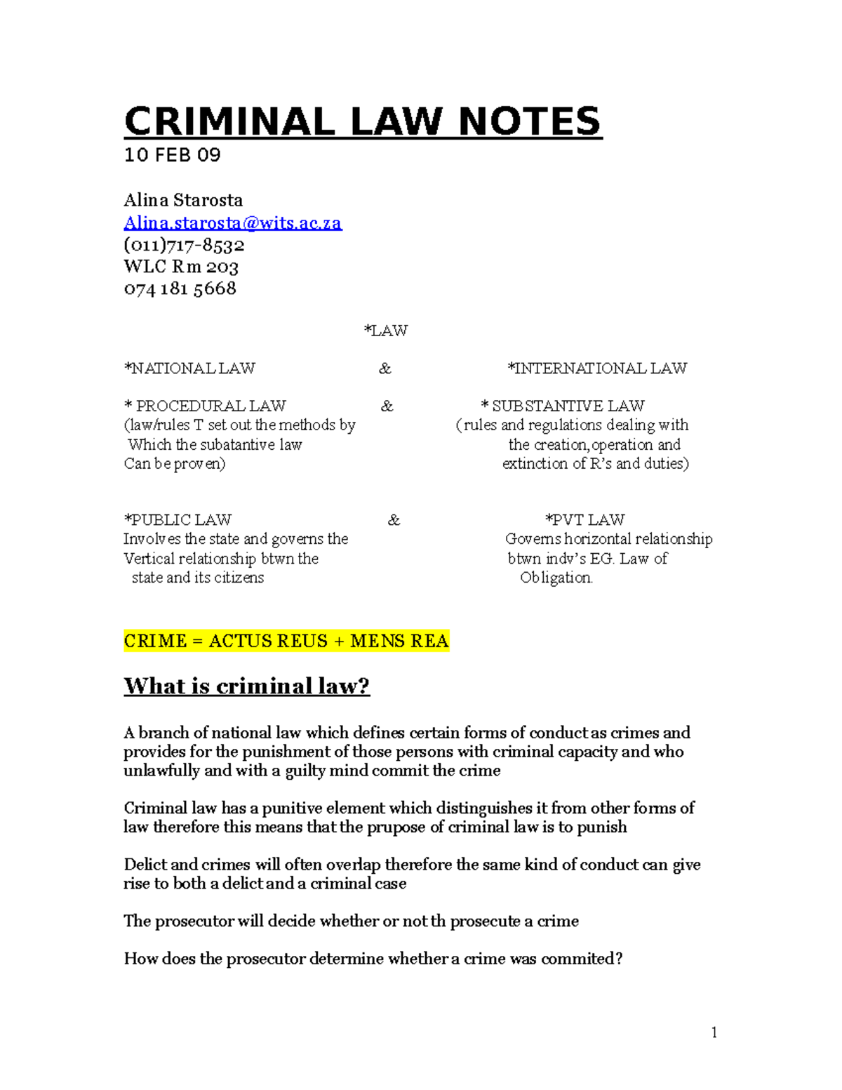 Criminal Notes for semester 1 and some of semester 2 - CRIMINAL LAW ...