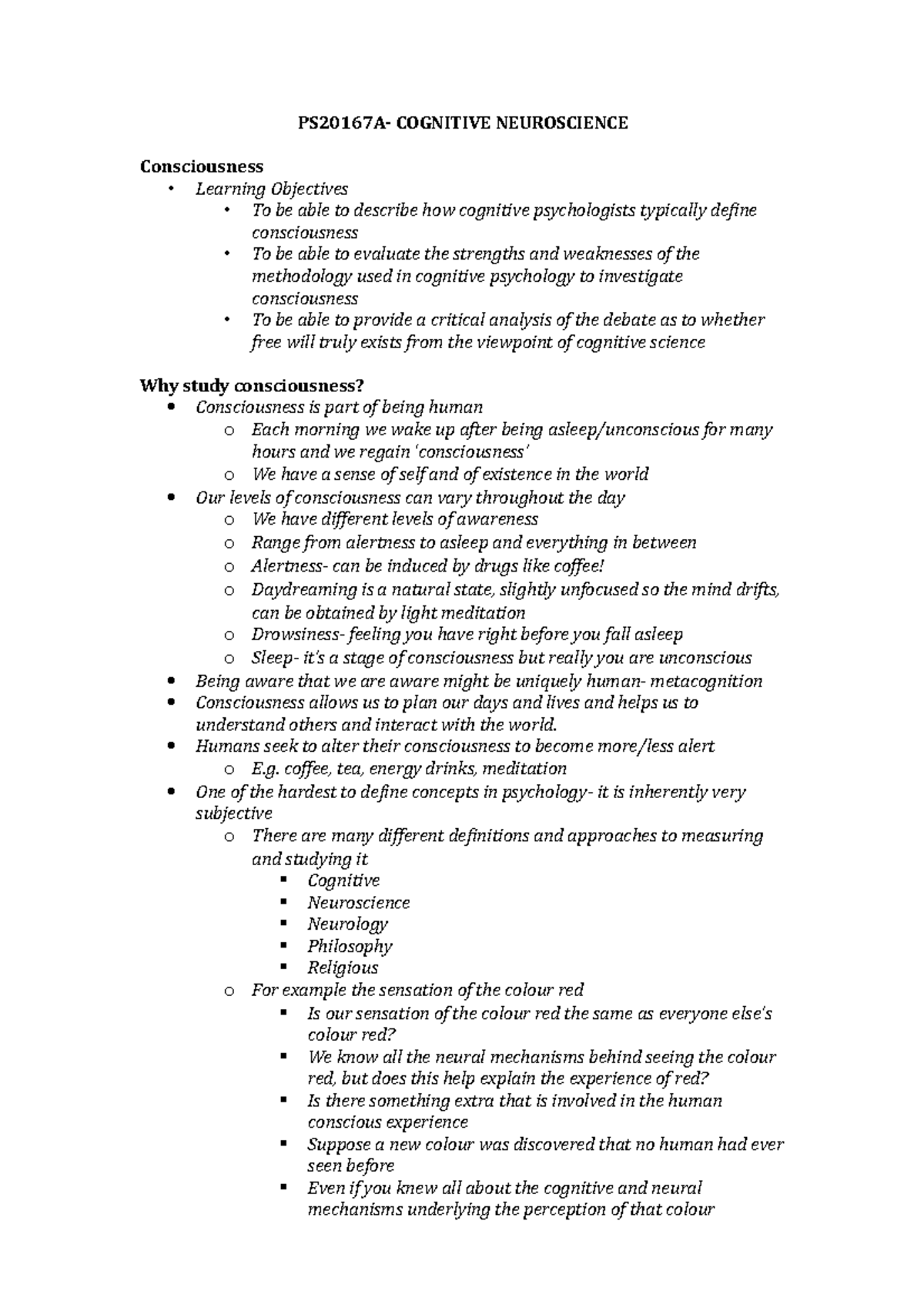 Lecture 6 Consciousness Ps20167a Cognitive Neuroscience Consciousness • Learning Objectives