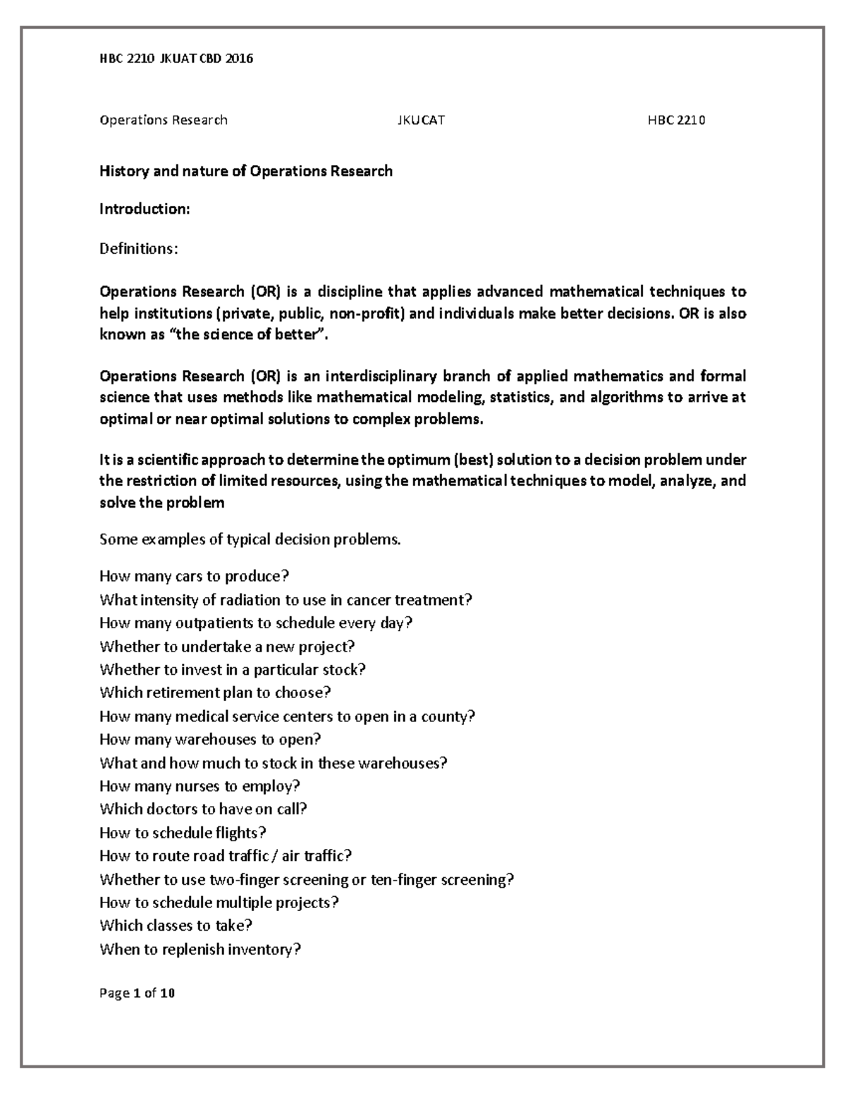 History and nature of Operations Research - Operations Research JKUCAT ...