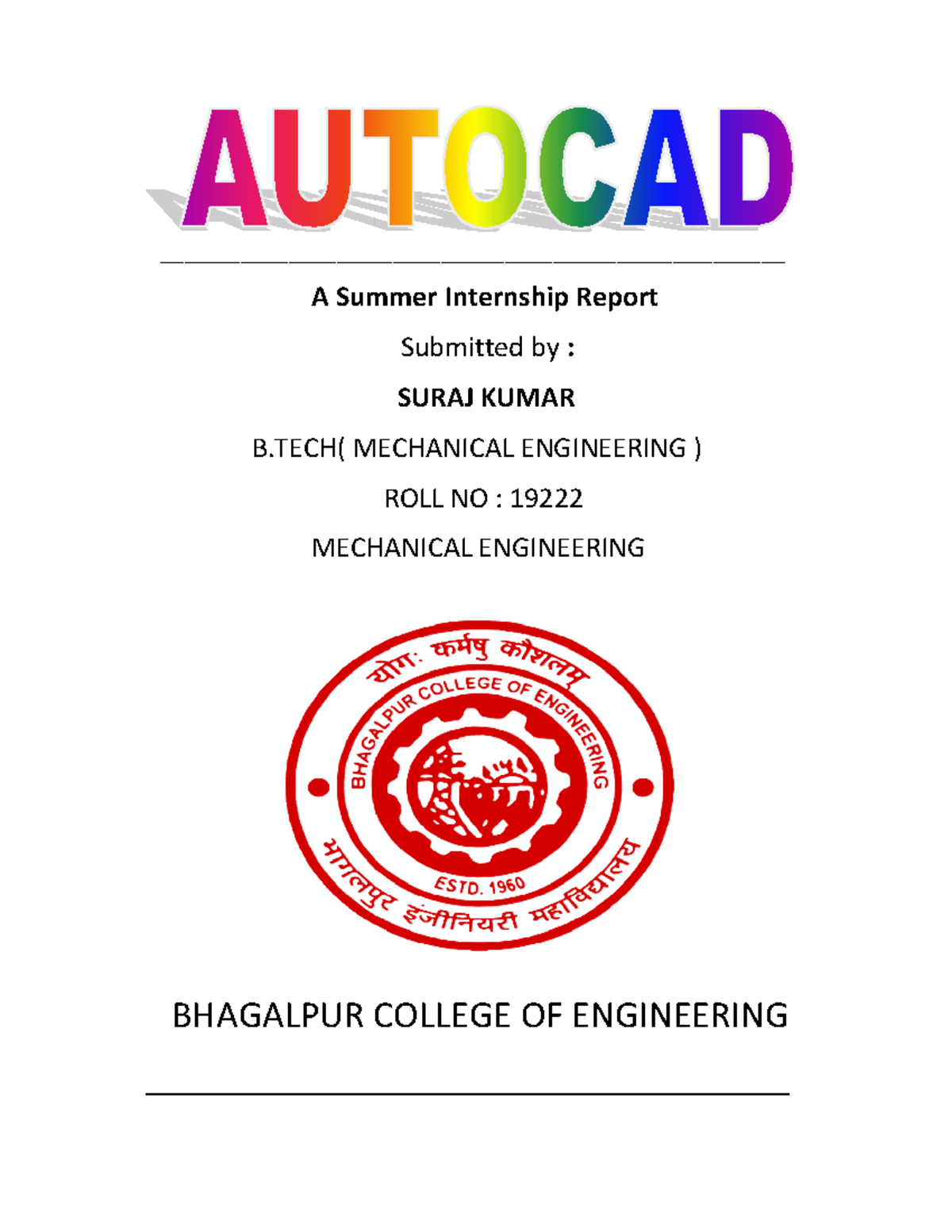 Report ON Autocad - A Summer Internship Report B( MECHANICAL ...
