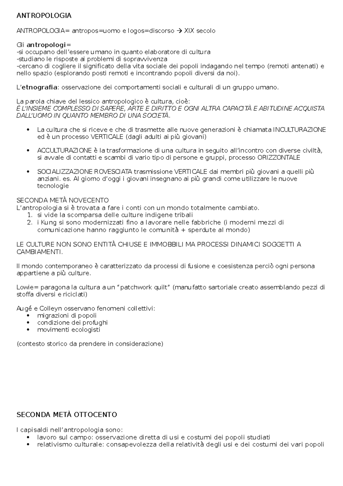 Antropologia - appunti - ANTROPOLOGIA ANTROPOLOGIA= antropos=uomo e ...