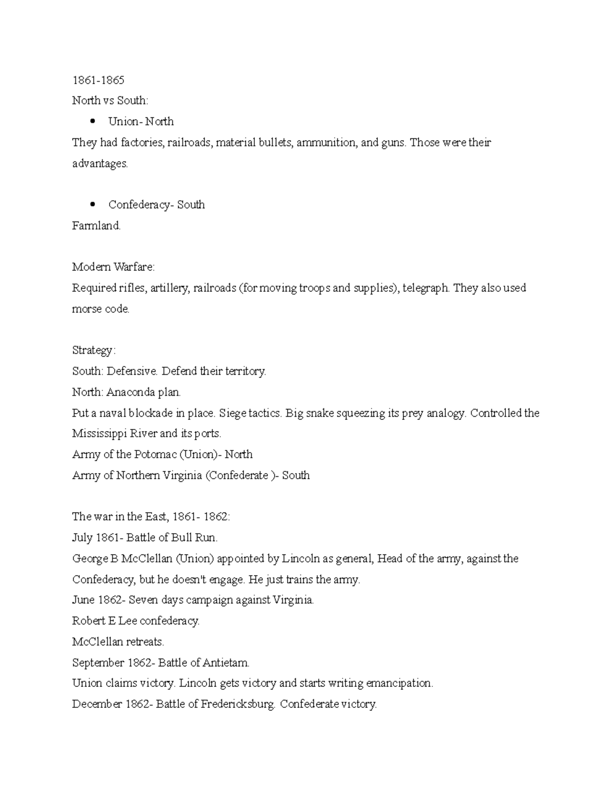 The Civil War - Class notes - 1861- North vs South: Union- North They ...