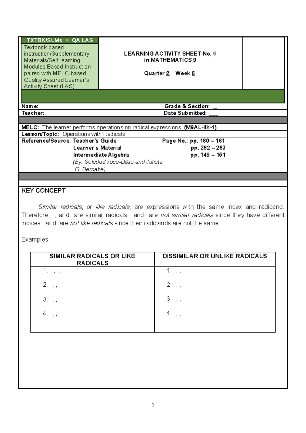 6 LAS M9 MELC 9 WEEK 6 - TXTBK/SLMs + QA LAS LEARNING ACTIVITY SHEET No ...