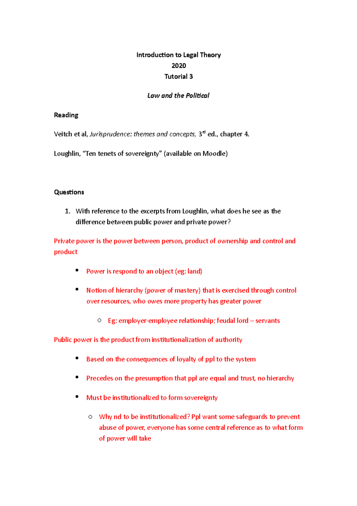 3001 LT Tutorial 3 - Introduction to Legal Theory 2020 Tutorial 3 Law ...
