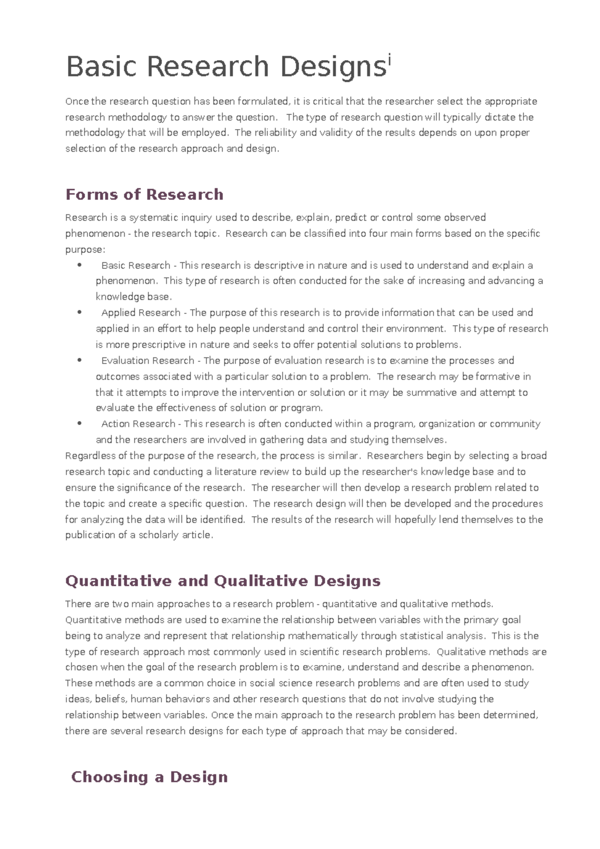 Basic-Research-Designs - Basic Research Designs i Once the research ...